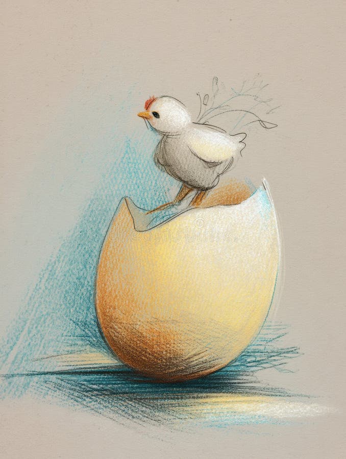 Whimsical Sketch of a Small Chicken Perched on a Pastel Egg in a Light ...