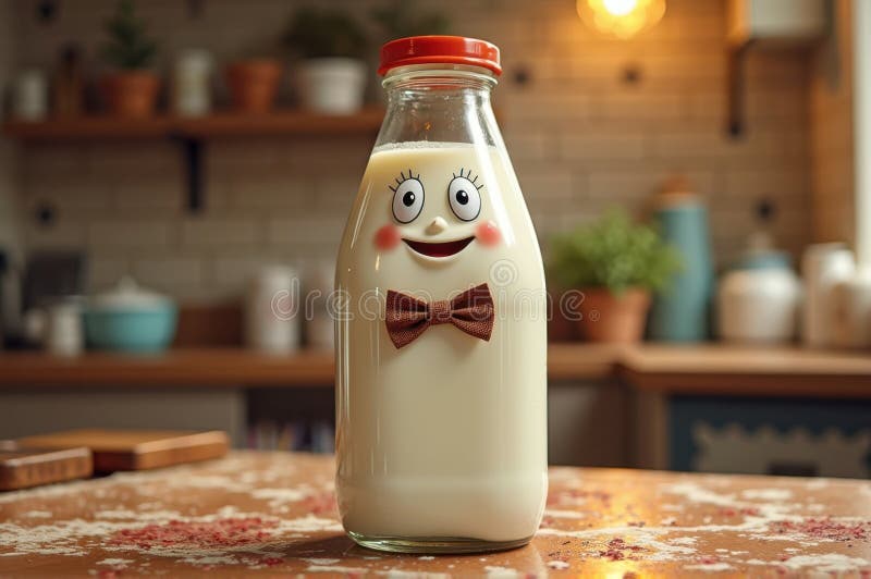 Whimsical Smiling Milk Bottle with Bowtie on Kitchen Counter Stock ...