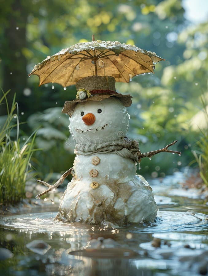 Whimsical Snowman with Umbrella Melting in a Summer Forest Puddle ...