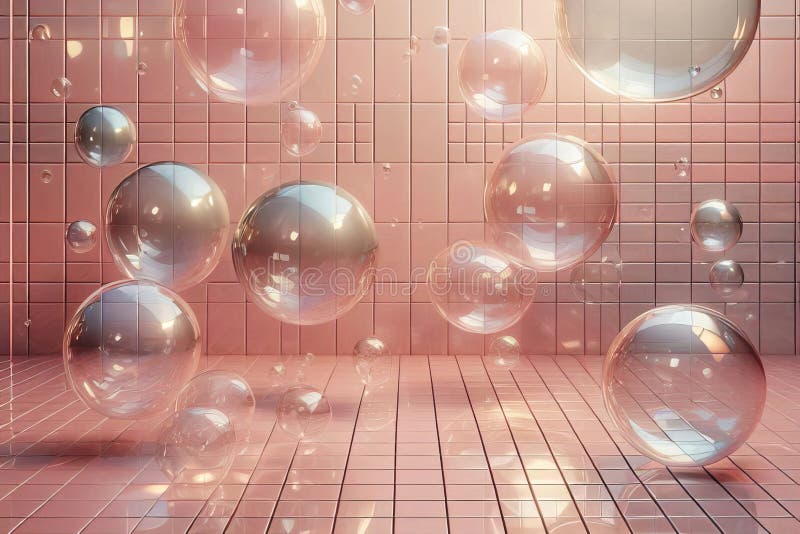 Whimsical Soap Bubbles Against Glossy Pink Tile Backdrop. Grid Pattern ...