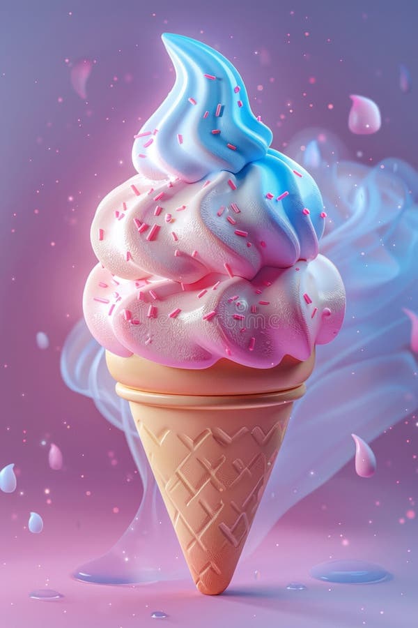 A Whimsical Soft Serve Ice Cream Cone with Floating Candy Against a ...