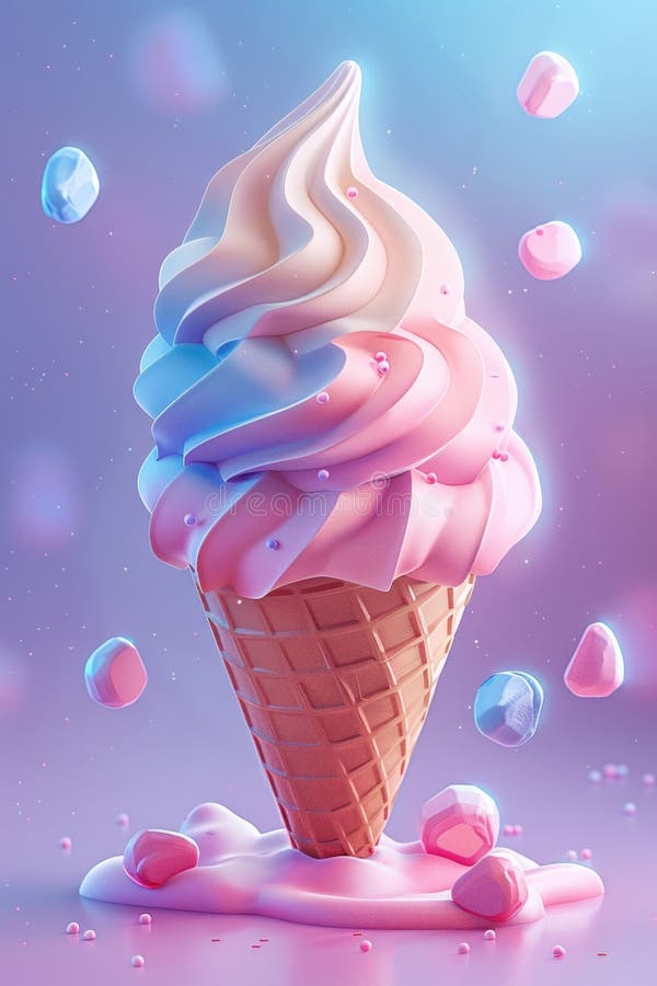 A Whimsical Soft Serve Ice Cream Cone with Floating Candy Against a ...