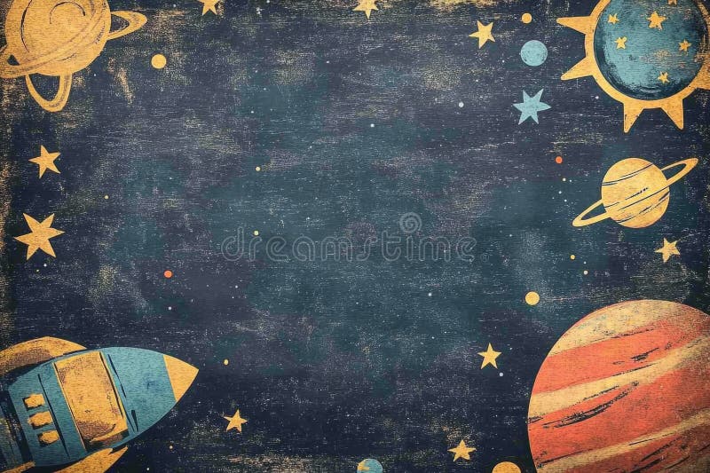 Whimsical Space Exploration Scene Featuring a Retro Rocket, Planets ...