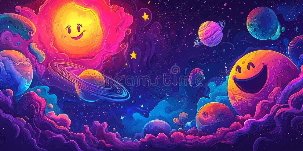 Whimsical Space Scene with Smiling Planets Stock Image - Image of ...