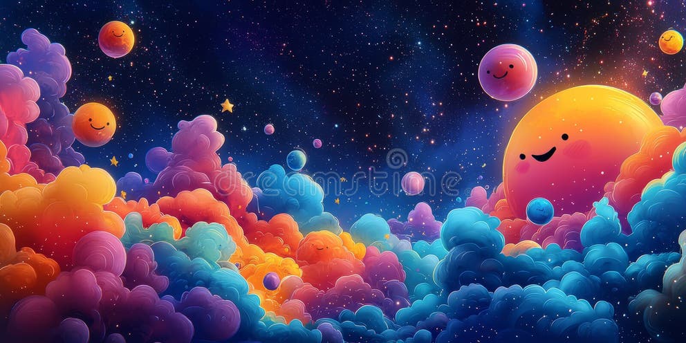 Whimsical Space Scene with Smiling Planets Stock Image - Image of ...