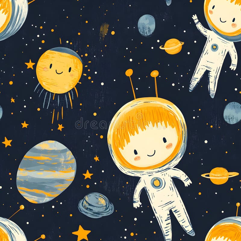 A Whimsical Space-themed Illustration Featuring Astronauts and Planets ...