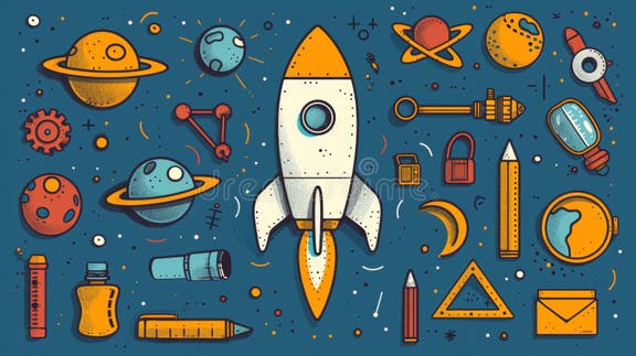 Whimsical Space-themed Illustration Featuring a Rocket, Planets, and ...