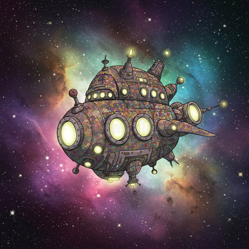 A Whimsical Spaceship Floats through a Colorful Nebula in Deep Space ...