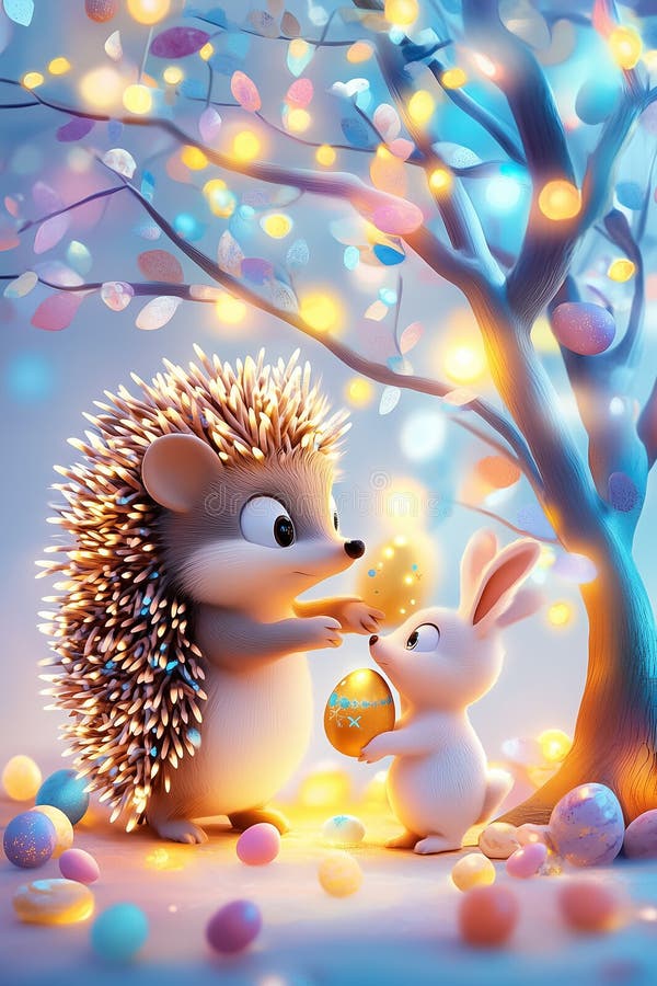 Whimsical Spring Day Unfolds As a Hedgehog and Bunny Exchange Vibrant ...
