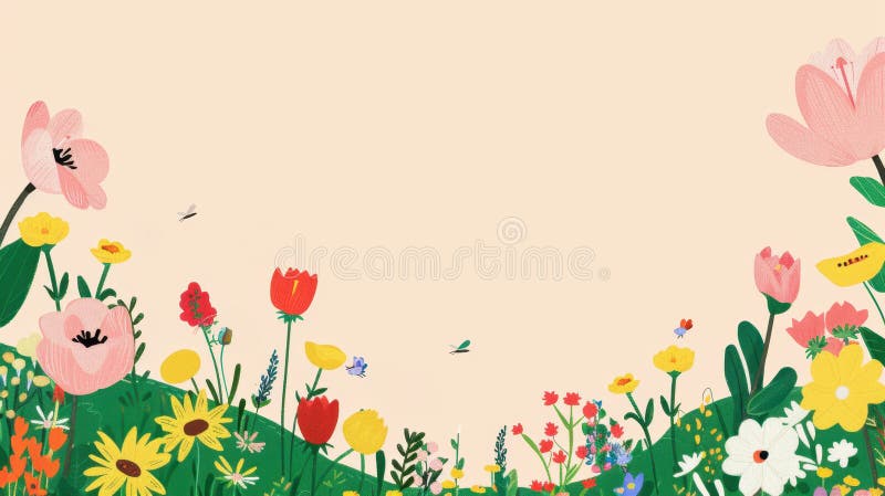 Whimsical Spring Floral Border on Soft Peach Background Stock Photo ...