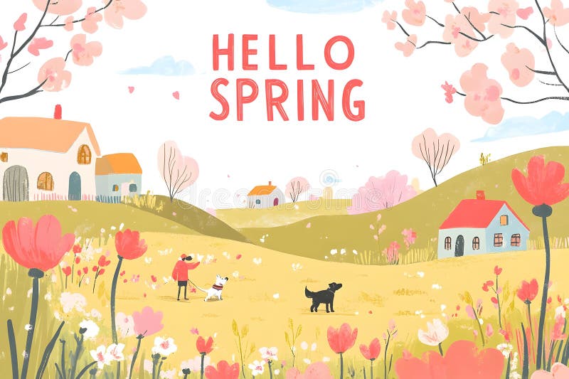 Whimsical Spring Landscape with Flowers and Houses Under Cherry ...