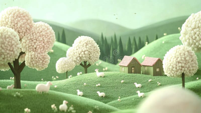 Whimsical Spring Landscape with Fluffy Sheep and Cottages Stock ...