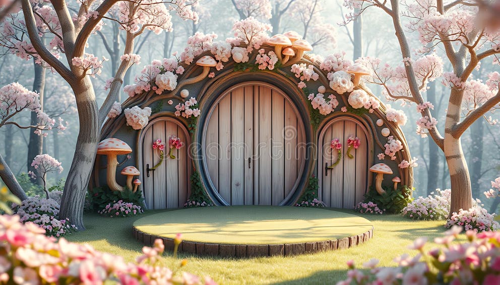 Whimsical Spring Pixie House in a Cherry Blossom Forest Stock Illustration - Illustration of ...