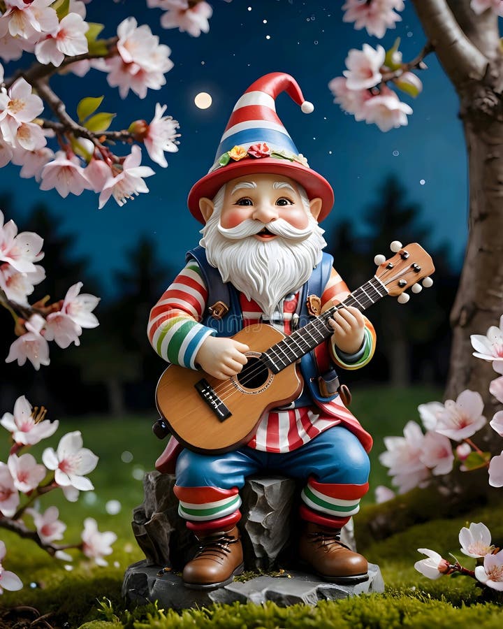 A Whimsical Springtime Scene Featuring a Gnome Playing Guitar Under a ...