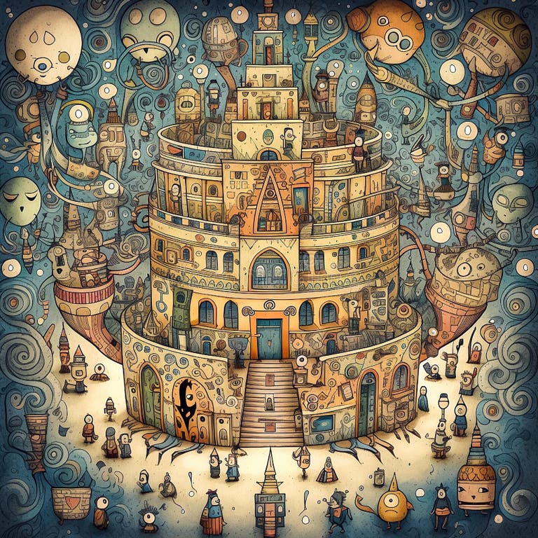 Whimsical Square Pattern with Tower, Neutral Colors, with Lots of ...