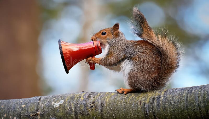 Whimsical Squirrel Announcing with a Megaphone, Set Amidst a Vibrant ...
