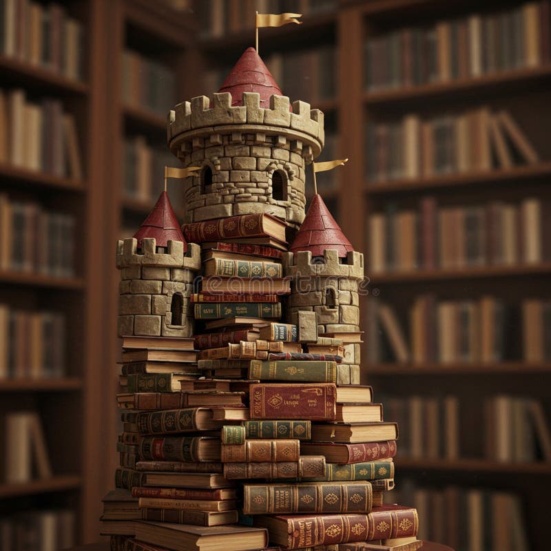 A Whimsical Stack of Vintage Books Forms the Base of a Small Castle ...