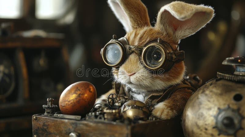 Whimsical Steampunk Rabbit with Goggles Amidst Antique Gears and ...