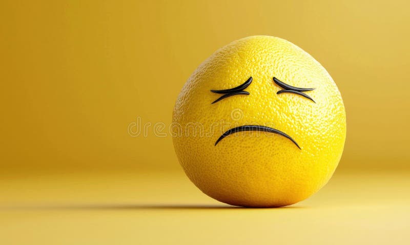 A Sad Lemon with a Hand-drawn Frowning Face Sits on a Yellow Surface in ...