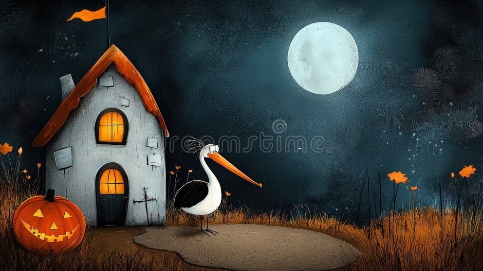 Whimsical Stork by a Pumpkin House Under a Spooky Moonlight Backdrop ...