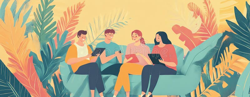 Whimsical Style Depiction of a Group of Friends Having a Virtual ...