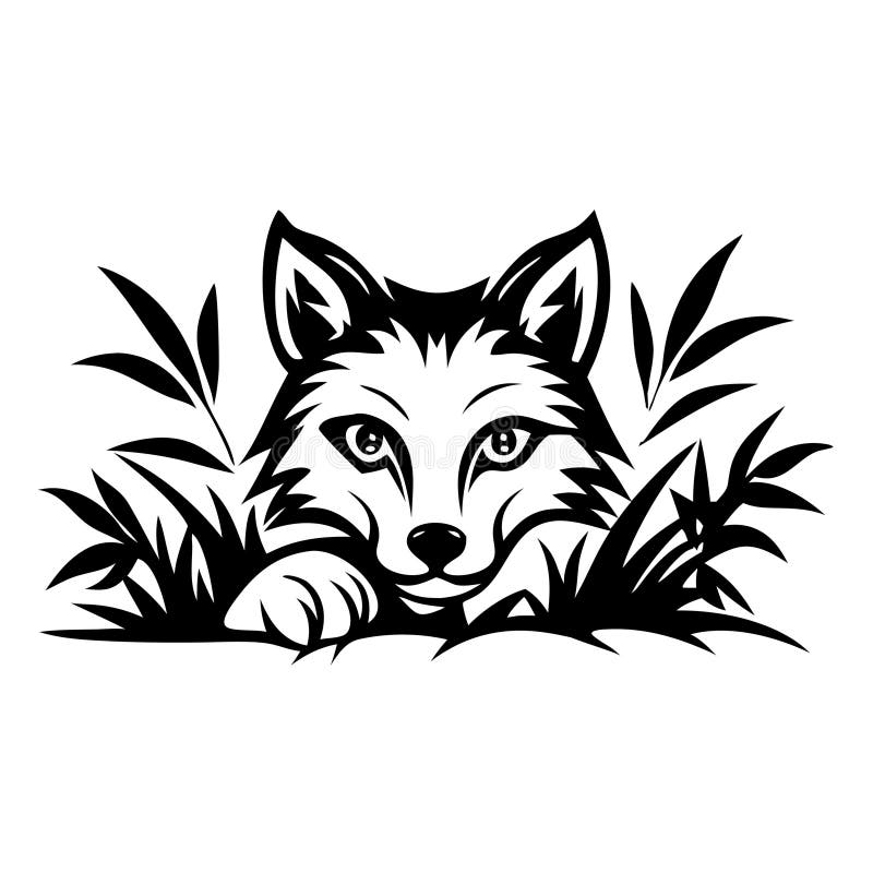 Stylized Fox Peeking through Foliage Vector Design for Tattoos and ...