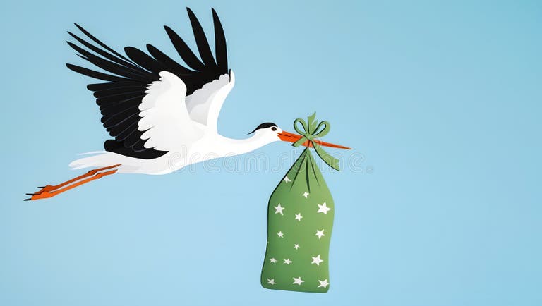 Whimsical Stylized Stork in Mid-flight Carrying a Green Star-patterned ...