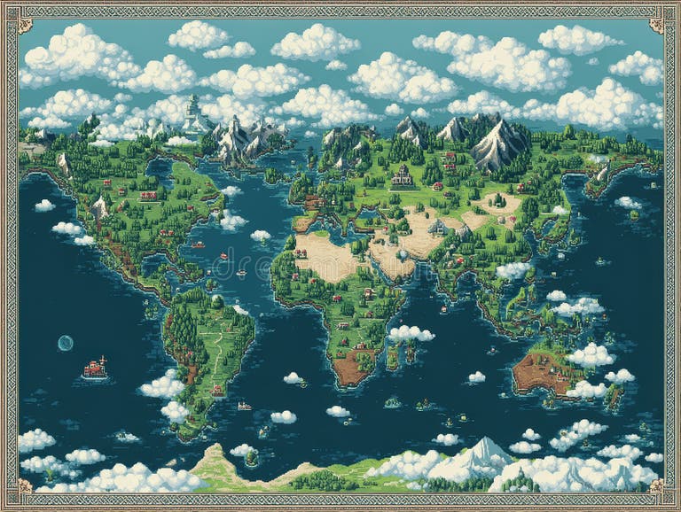 A Whimsical, Stylized World Map with Cartographical Elements and ...