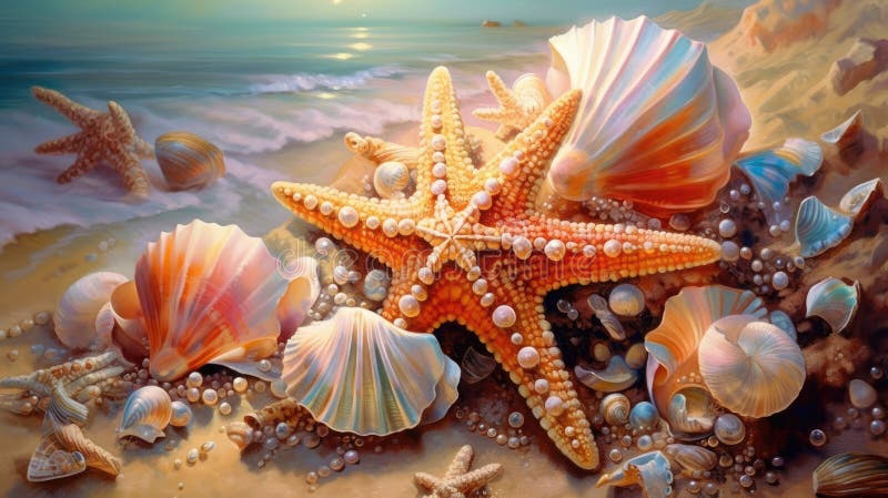 Whimsical Summer Scene with a Seashell Stock Illustration ...