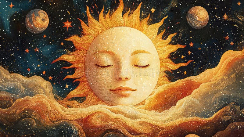 Whimsical Sun Face with Stars and Planets Stock Photo - Image of ...