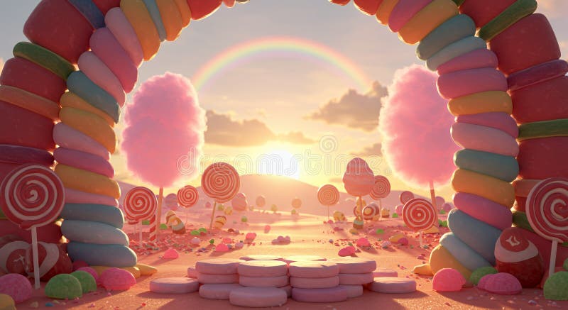 Pastel Candy Land Sunrise with Marshmallow Podium and Rainbow Arch ...