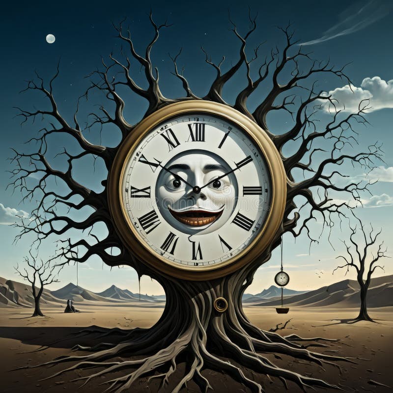 Surreal Clock Tree in Desert Landscape Stock Image - Image of clock ...