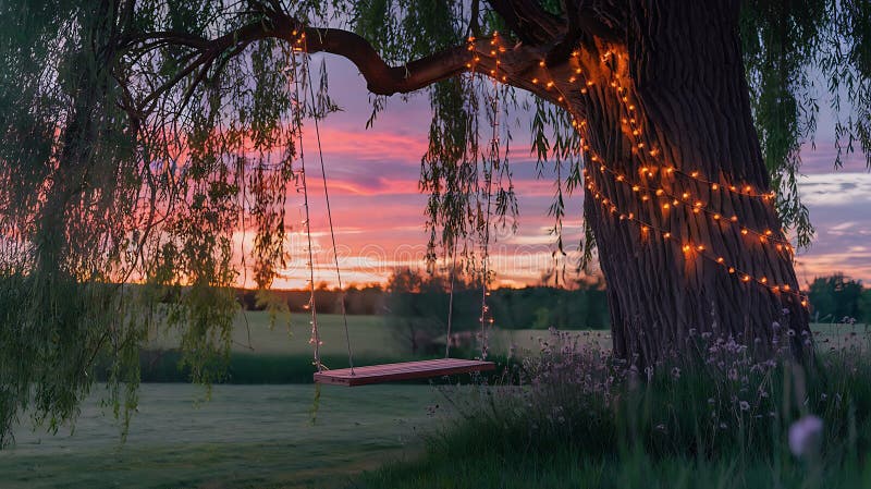 Whimsical Swing Under a Willow at Sunset. Stock Illustration - Illustration of back, color ...