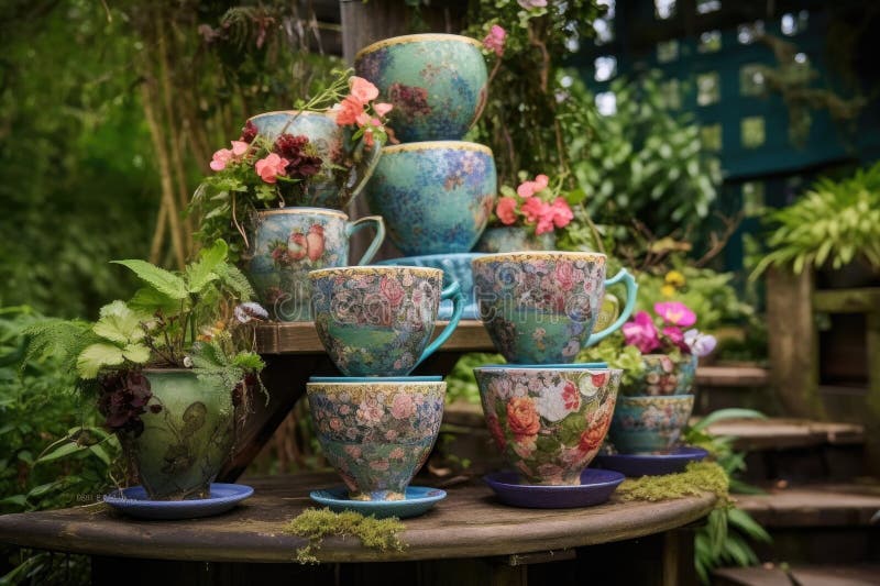Whimsical Teacups in a Garden Setting Stock Illustration - Illustration ...