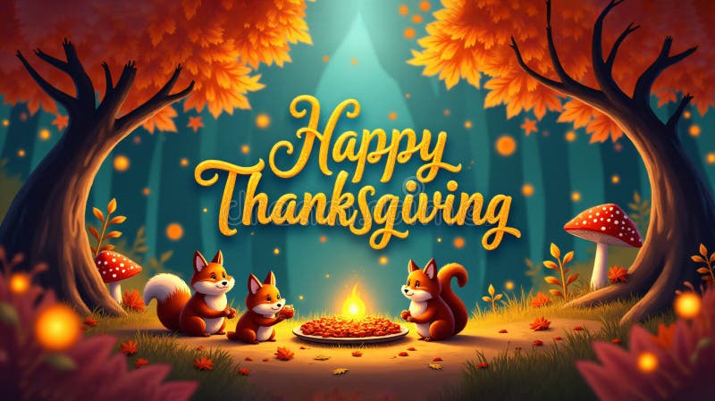 Whimsical Thanksgiving Celebration with Foxes and Glowing Pumpkin Stock ...
