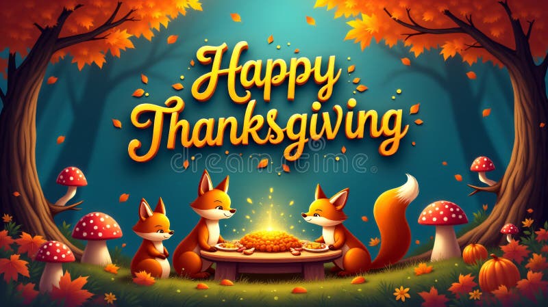 Whimsical Thanksgiving Celebration with Foxes and Glowing Pumpkin Stock ...