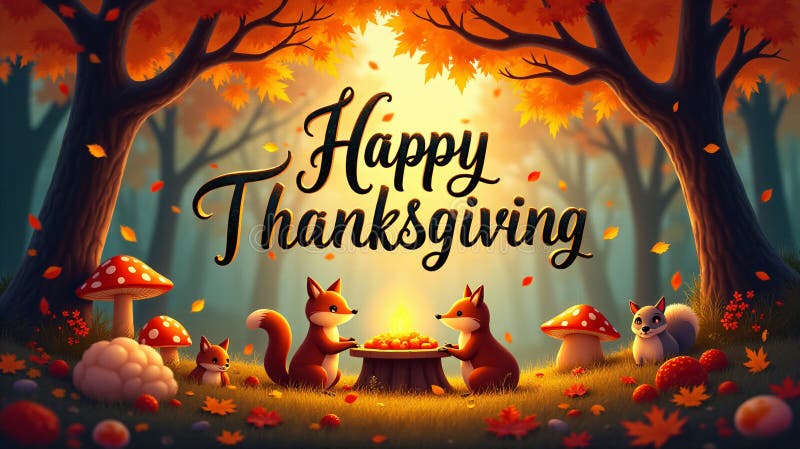 Whimsical Thanksgiving Scene with Foxes and Autumn Decorations Stock ...