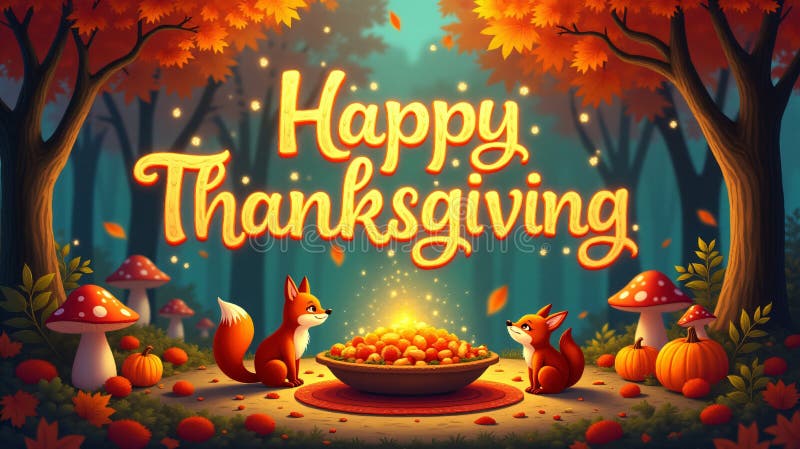 Whimsical Thanksgiving Scene with Foxes and Autumn Decorations Stock ...