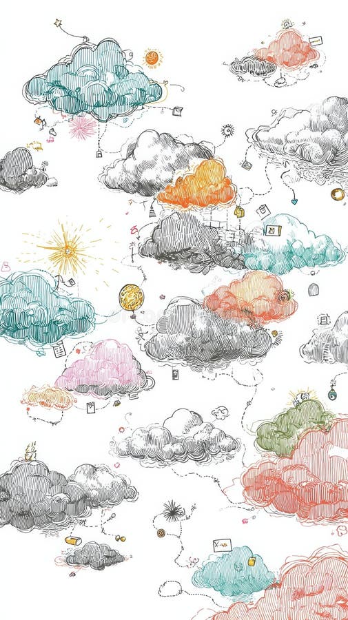 Whimsical Thought Cloud an Imaginative Scene of Clouds Shaped Like Floating Ideas Each Adorned ...