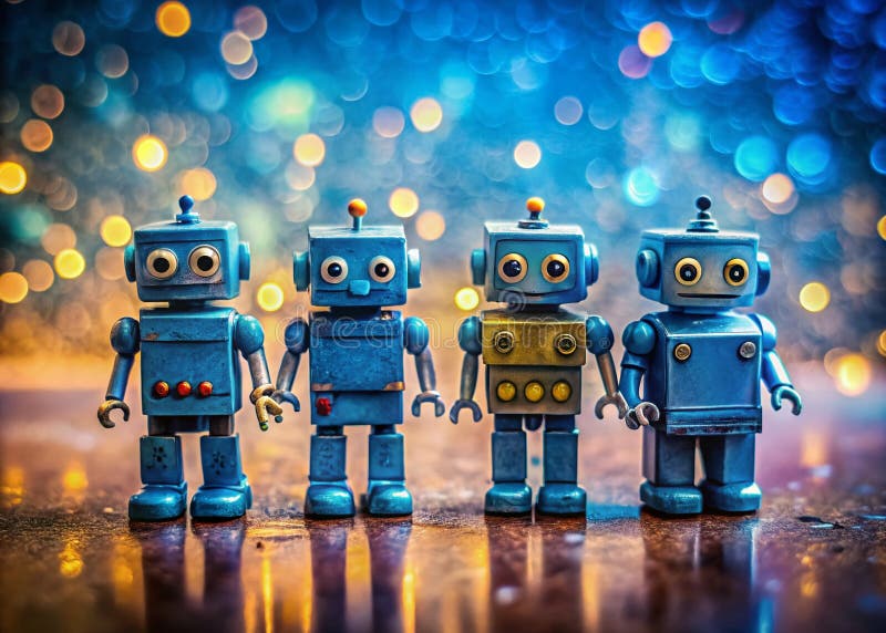 Whimsical TiltShift Miniature Blue Robots Adorable Robotic Friends in a ...
