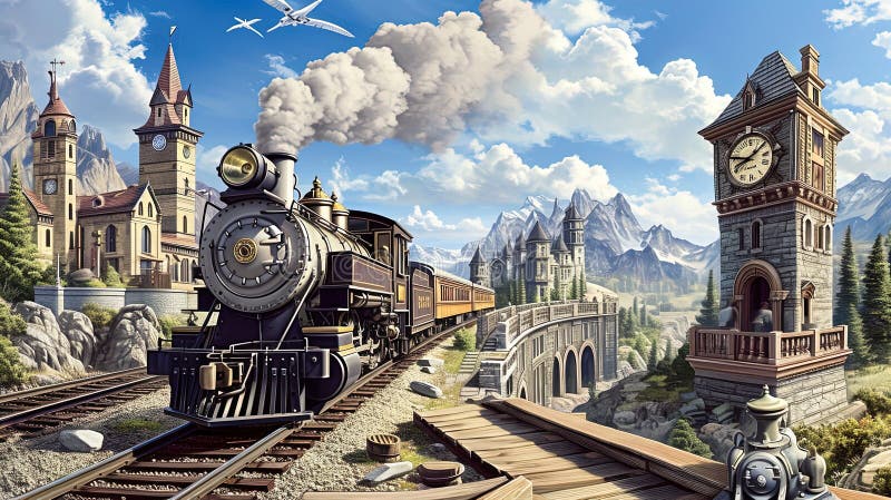 Whimsical TimeTraveling Trains Stock Illustration - Illustration of ...