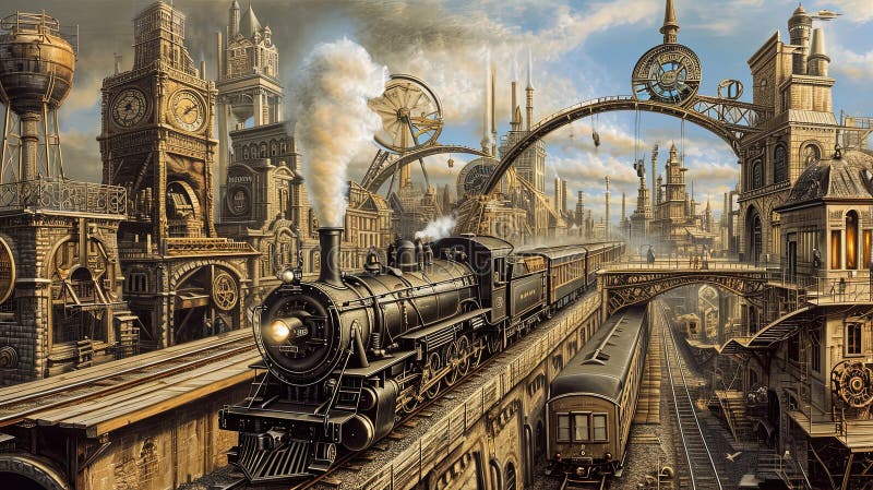 Whimsical TimeTraveling Trains Stock Illustration - Illustration of ...