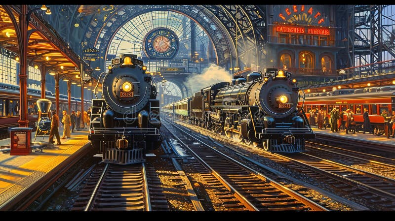 Whimsical TimeTraveling Trains Stock Illustration - Illustration of ...