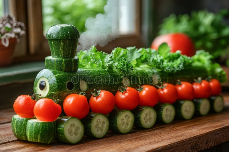 Creative Veggie Train Made of Fresh Vegetables Showcasing a Delightful ...