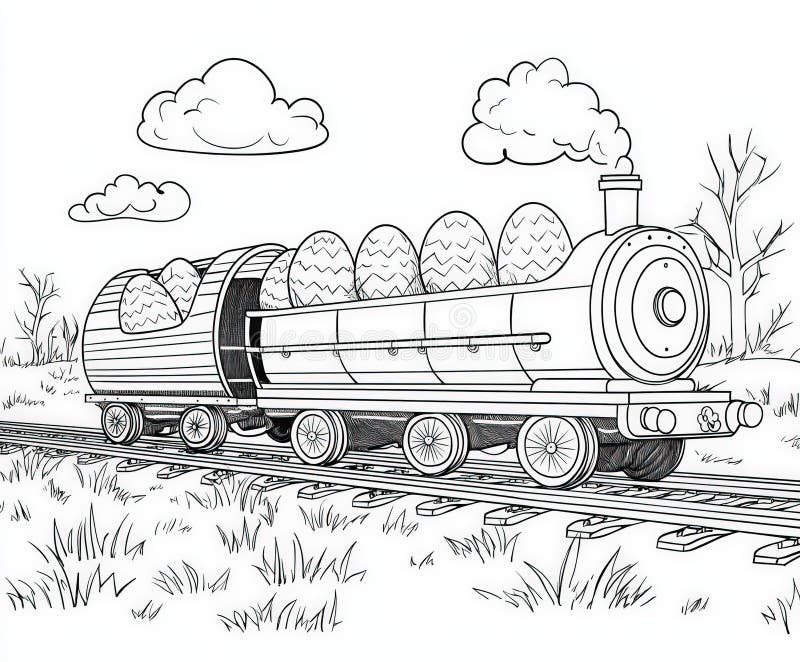 A Whimsical Train Filled with Easter Eggs, Coloring Page for Kids ...