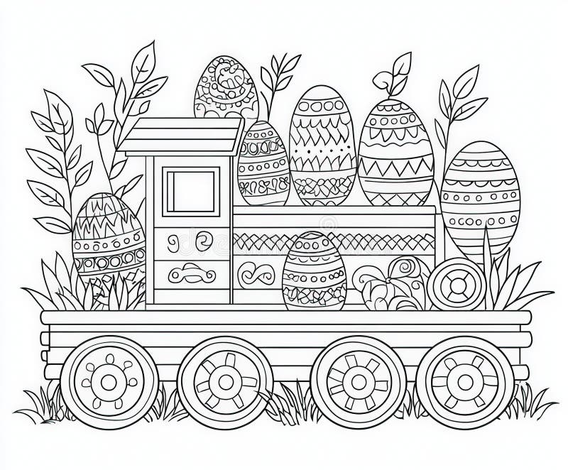 A Whimsical Train Filled with Easter Eggs, Coloring Page for Kids ...