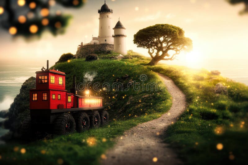 Whimsical Train Journey To Enchanted Lighthouse on a Dreamy Cliffside ...