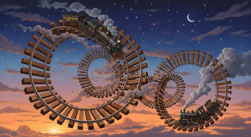 Whimsical Train Rides through Infinite Loops of Dreamlike Sky at Sunset Stock Illustration ...