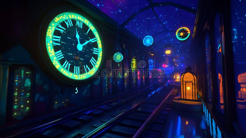 A Whimsical Train Station with Glowing Tracks and a Floating Clock ...