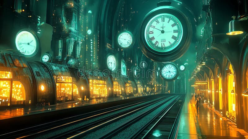 A Whimsical Train Station with Glowing Tracks and a Floating Clock ...